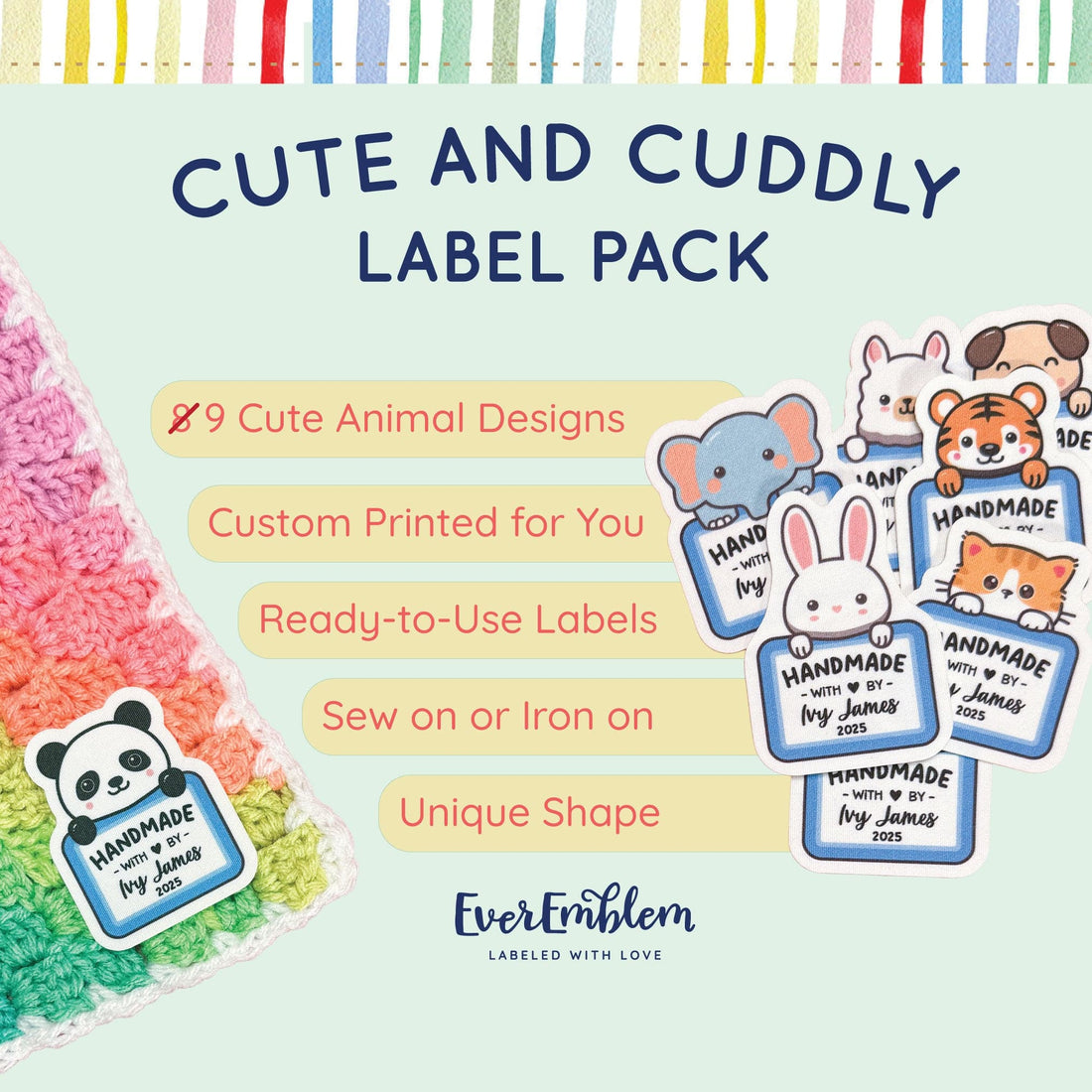 Cute Animal Sewing label pack, iron on labels ready to ship | EverEmblem